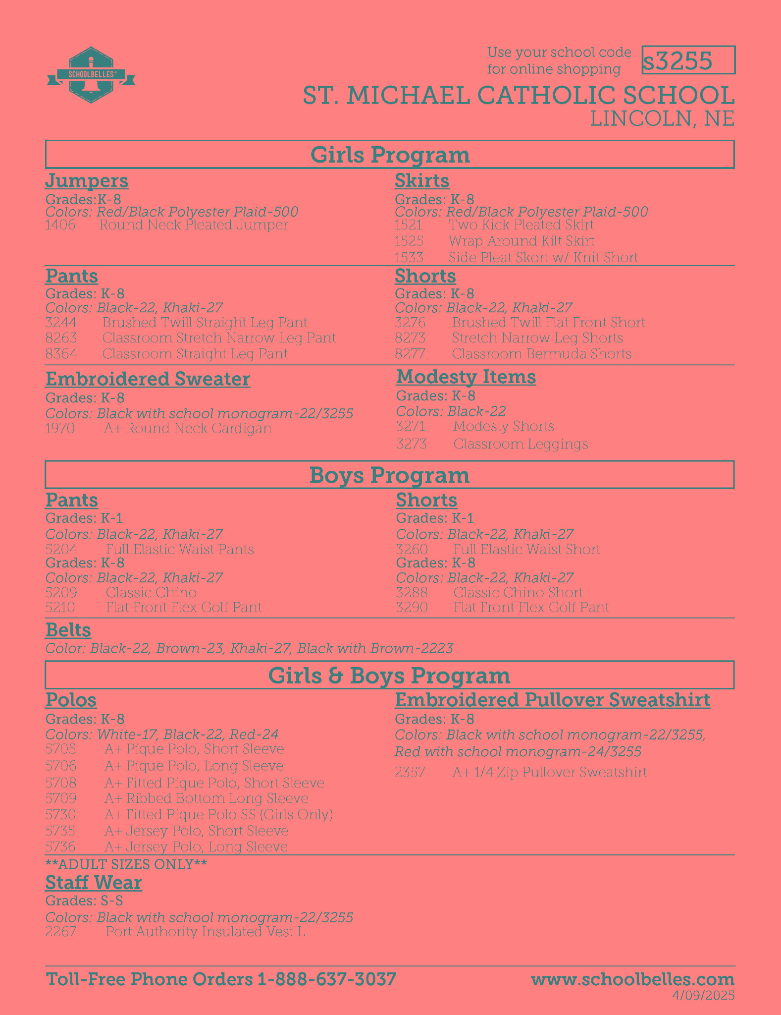 Schoolbelles Uniform List